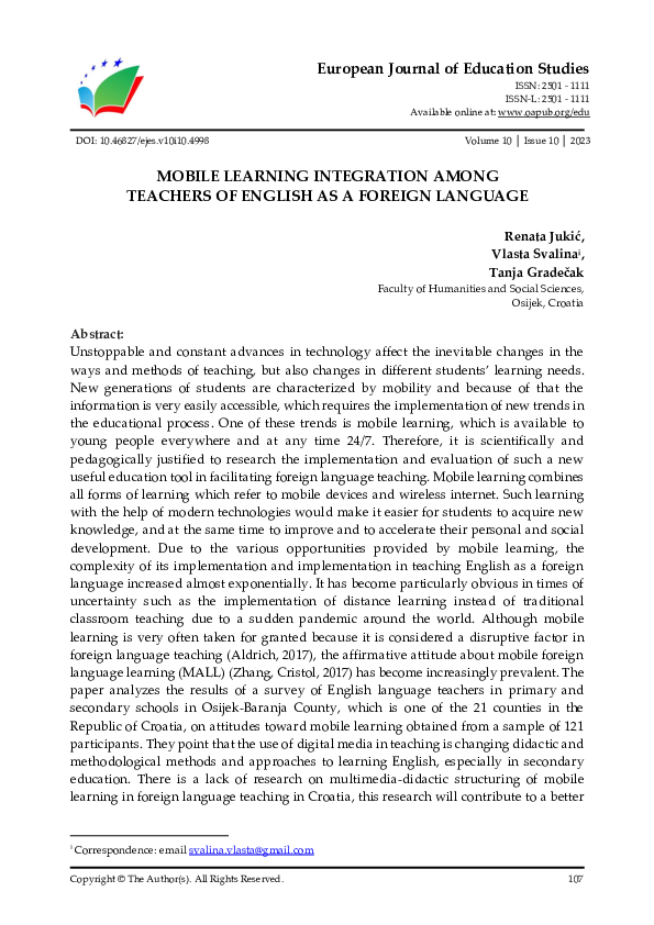 (PDF) Mobile Learning Integration Among Teachers of English as a ...