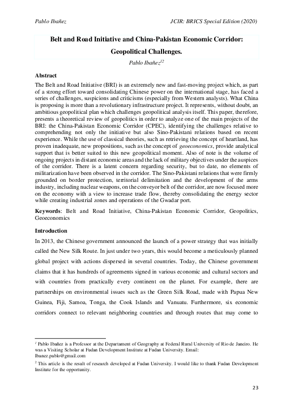 (PDF) Belt and Road Initiative and China-Pakistan Economic Corridor ...