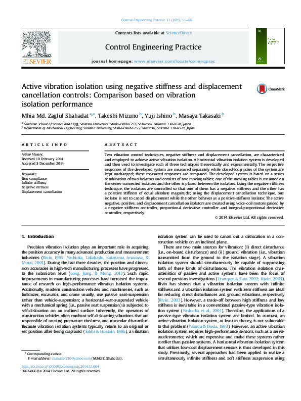 (PDF) Active vibration isolation using negative stiffness and displacement cancellation controls ...