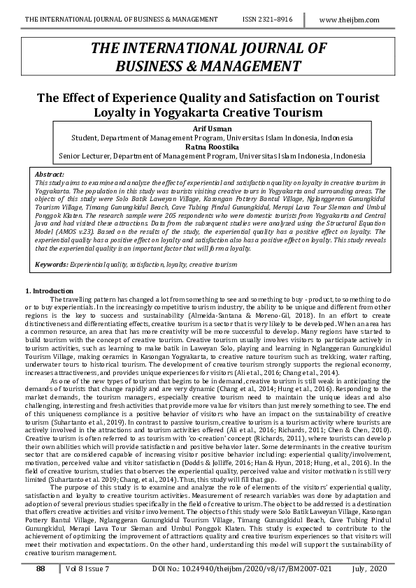 (PDF) The Effect of Experience Quality and Satisfaction on Tourist ...