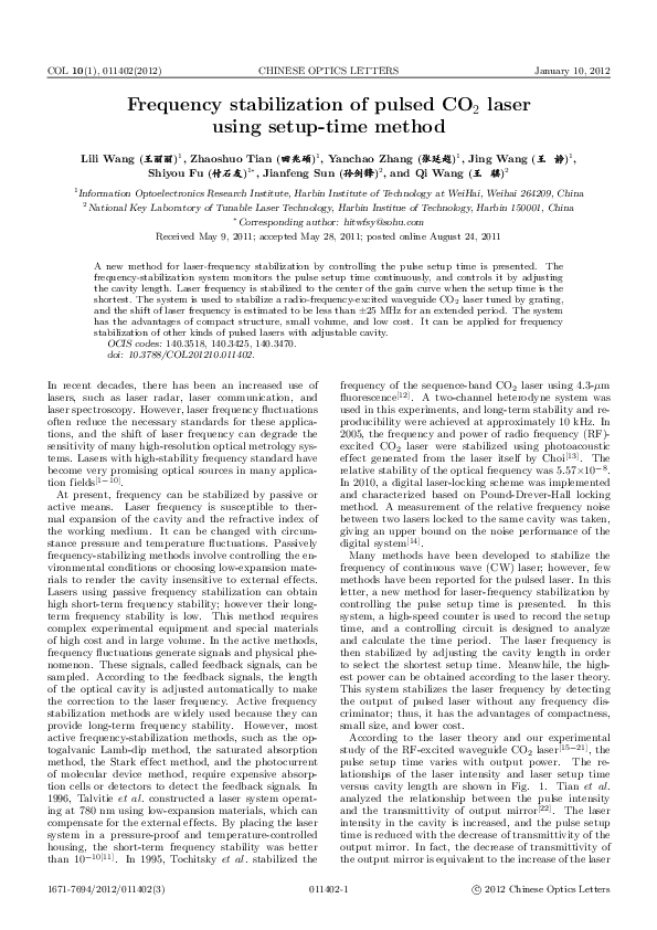 (PDF) Frequency stabilization of pulsed CO2 laser using setup-time method