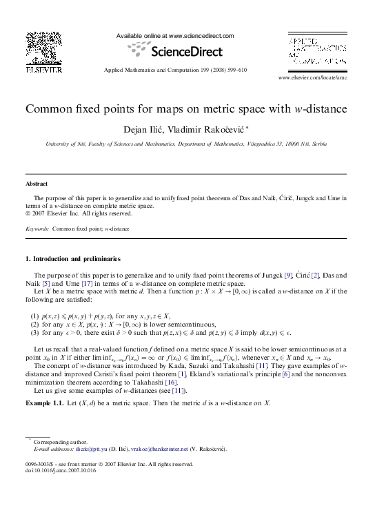 (PDF) Common fixed points for maps on metric space with w-distance