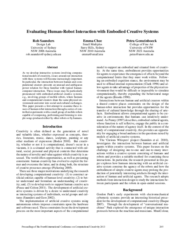 Pdf Human Robot Interaction With Embodied Creative Systems