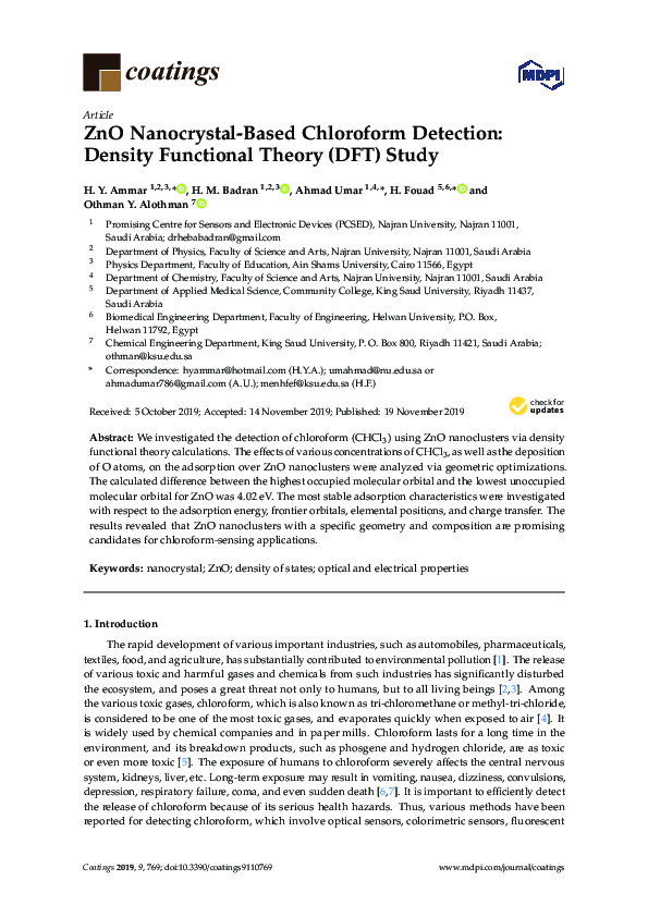 (PDF) ZnO Nanocrystal-Based Chloroform Detection: Density Functional ...