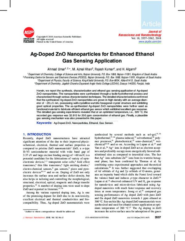 (PDF) Ag-Doped ZnO Nanoparticles for Enhanced Ethanol Gas Sensing Application