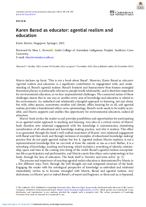 (PDF) Karen Barad as educator: agential realism and education - Karin ...