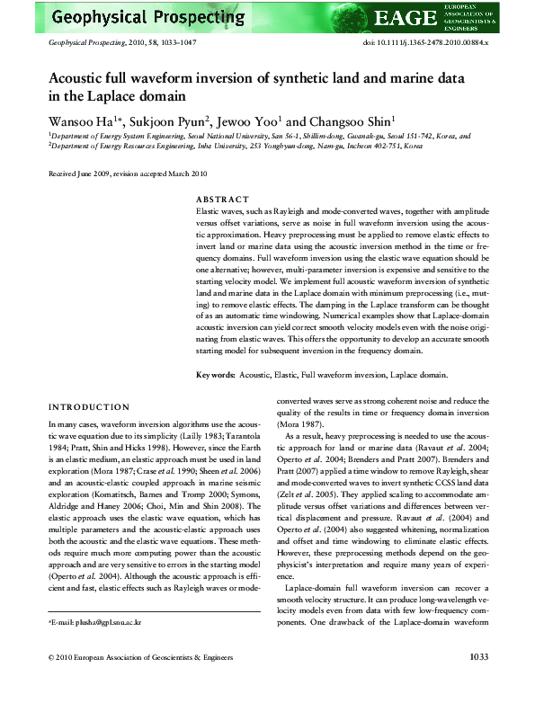 (PDF) Acoustic full waveform inversion of synthetic land and marine data in the Laplace domain