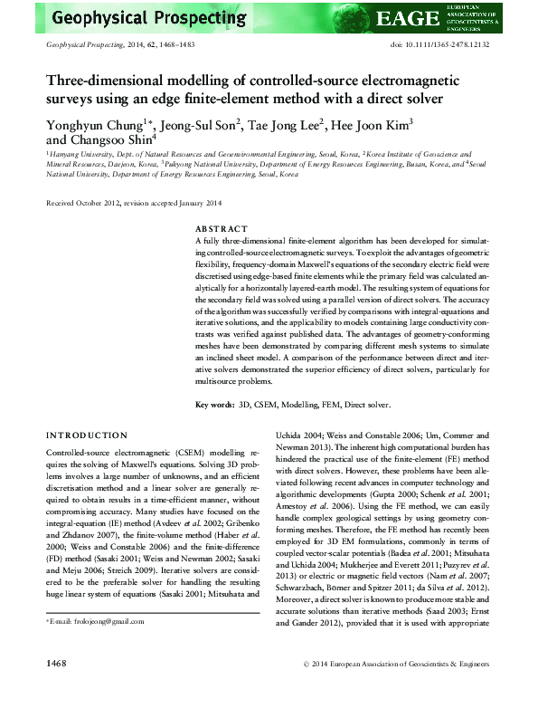 Pdf Three Dimensional Modelling Of Controlled Source Electromagnetic Surveys Using An Edge