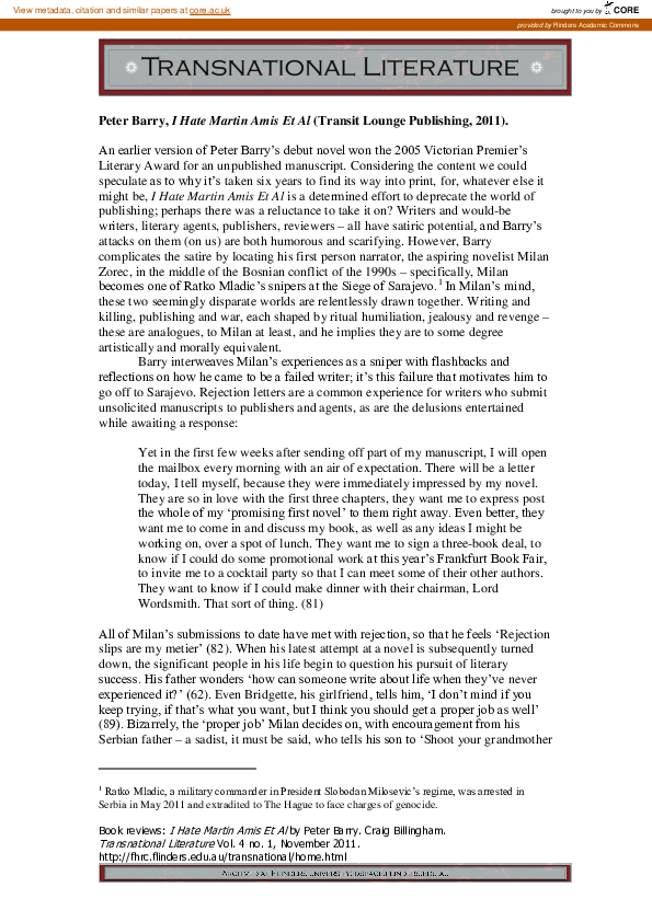(PDF) Review of 'I Hate Martin Amis Et Al' by Peter Barry | Craig ...