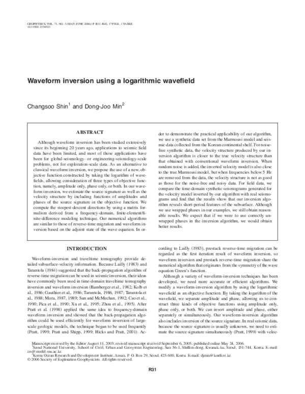 (PDF) Waveform inversion using a logarithmic wavefield
