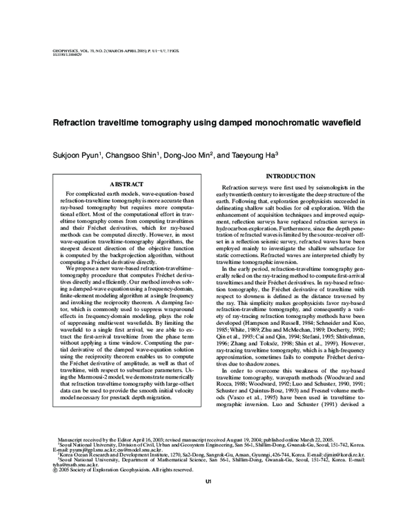 (PDF) Refraction traveltime tomography using damped monochromatic wavefield