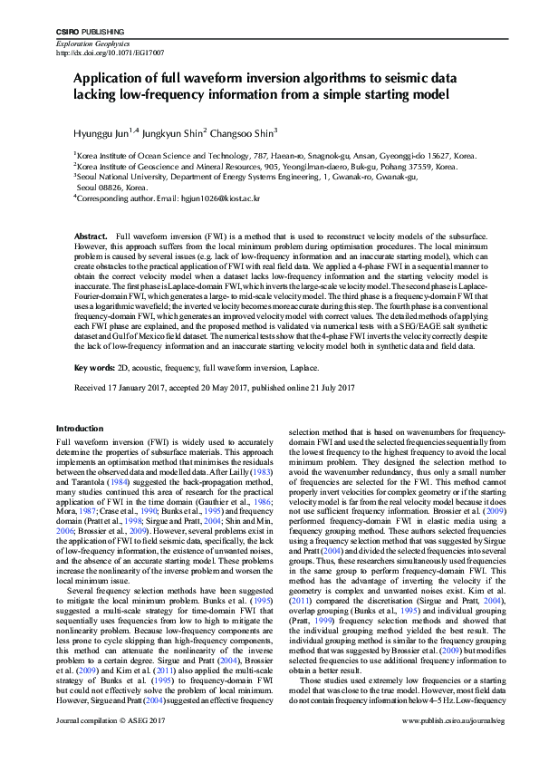 (PDF) Application of full waveform inversion algorithms to seismic data lacking low-frequency ...