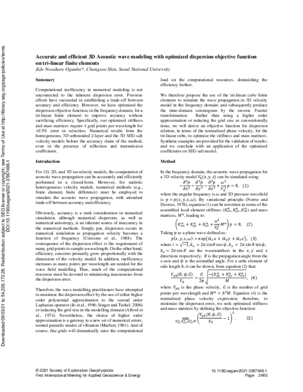 Pdf Accurate And Efficient 3d Acoustic Wave Modeling With Optimized Dispersion Objective