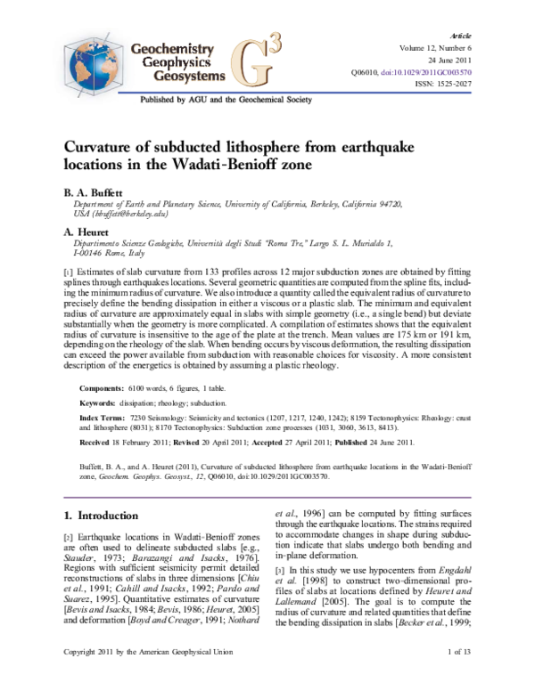 (PDF) Curvature of subducted lithosphere from earthquake locations in ...