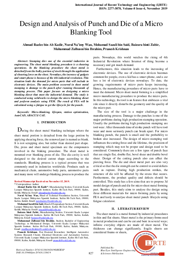 (PDF) Design and Analysis of Punch and Die of a Micro Blanking Tool