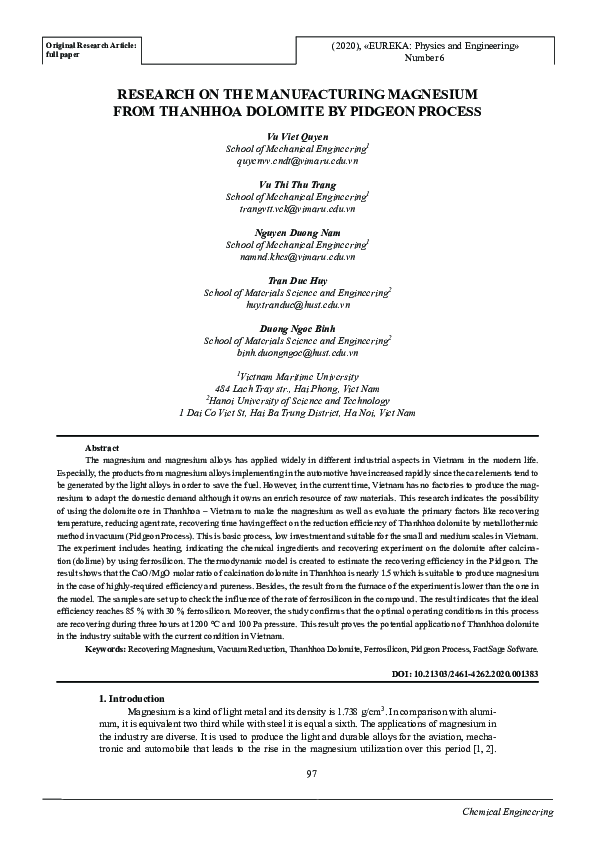 (PDF) Research on the Manufacturing Magnesium From Thanhhoa Dolomite by ...