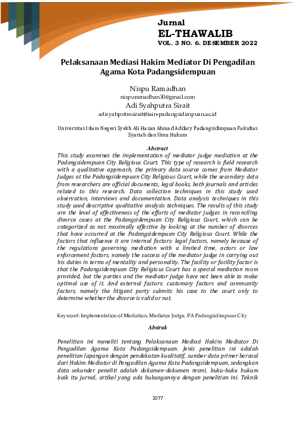 (PDF) Pelaksanaan Mediasi Hakim Mediator Di Pengadilan Agama Kota ...