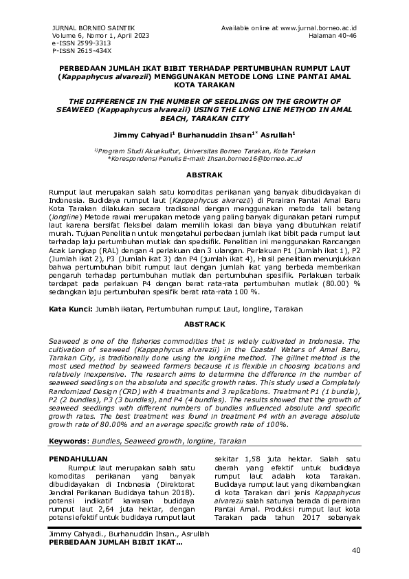 (PDF) PERBEDAAN JUMLAH IKAT BIBIT TERHADAP PERTUMBUHAN RUMPUT LAUT (Kappaphycus alvarezii ...