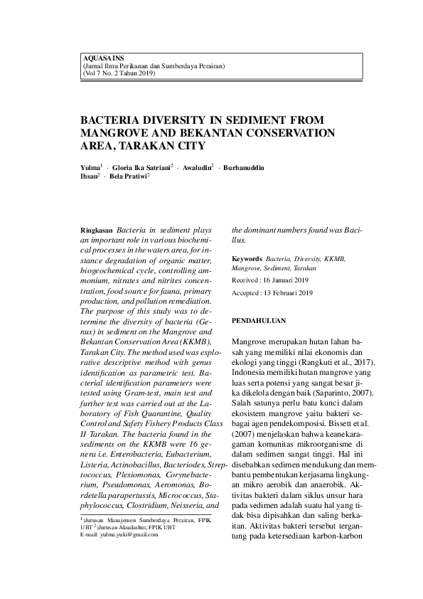 (PDF) Diversity of Bacteria in Sediment from Mangrove and Bekantan Conservation Area (KKMB) in ...