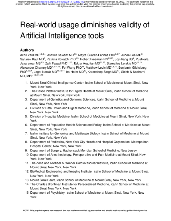 (PDF) Real-world usage diminishes validity of Artificial Intelligence tools
