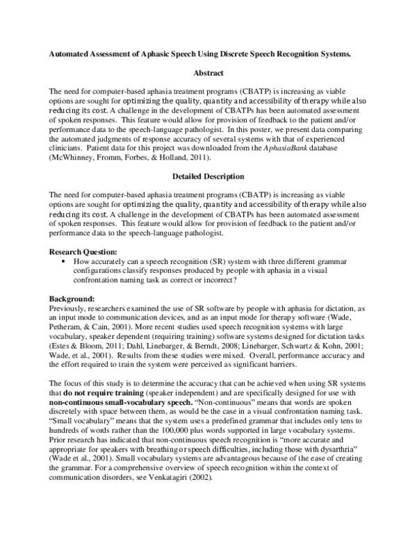 (PDF) Automated Assessment of Aphasic Speech Using Discrete Speech Recognition Systems