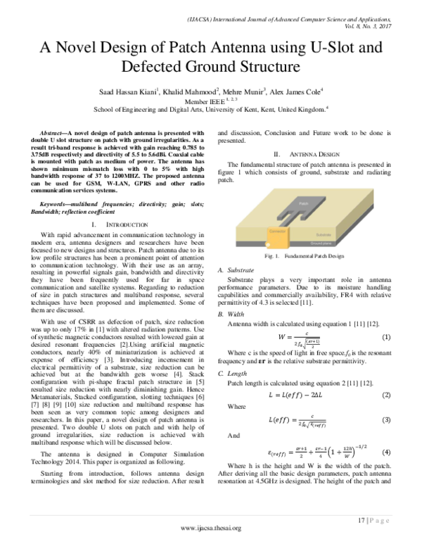 Pdf A Novel Design Of Patch Antenna Using U Slot And Defected Ground