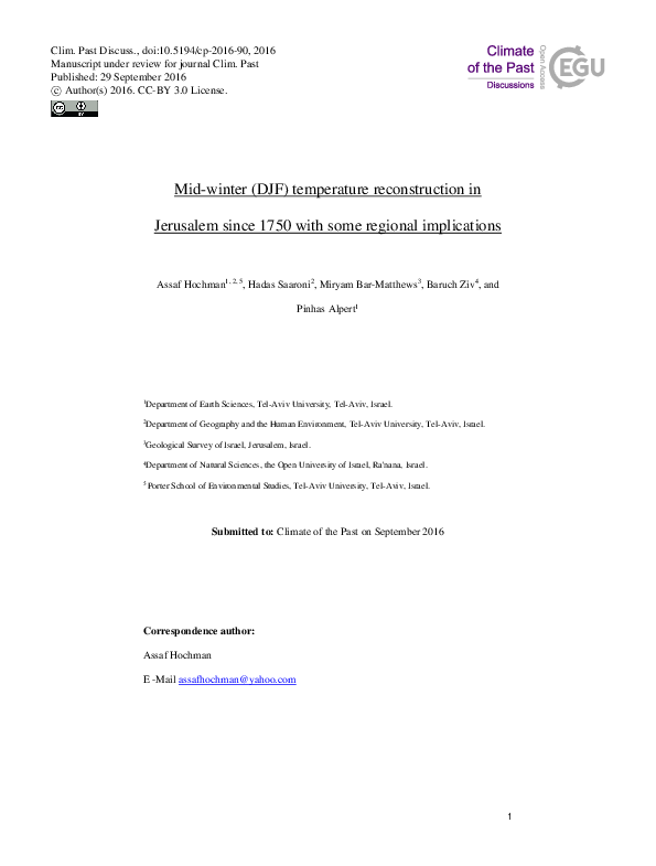 Mid-winter (DJF) temperature reconstruction in Jerusalem since 1750 ...