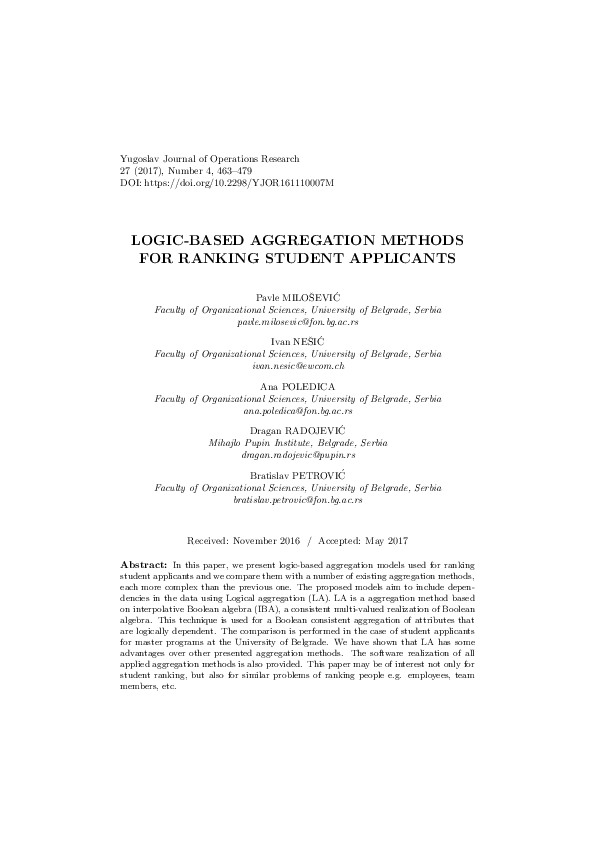 (PDF) Logic-based aggregation methods for ranking student applicants