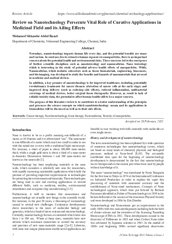 (PDF) Review on Nanotechnology Persecute Vital Role of Curative Applications in Medicinal Field ...