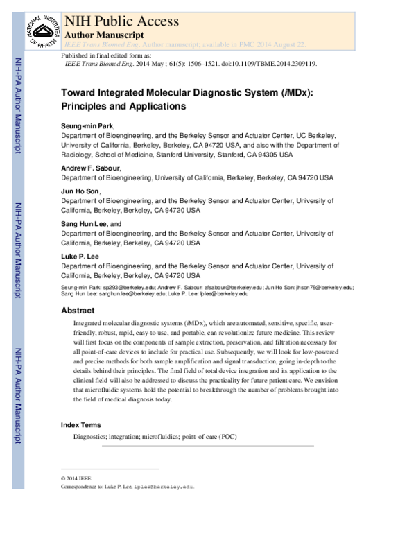 (PDF) Toward Integrated Molecular Diagnostic System ($i$ MDx): Principles and Applications