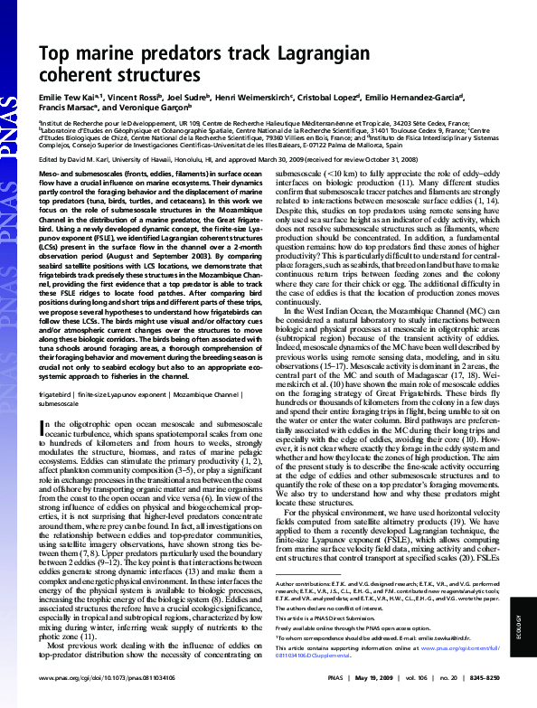 (PDF) Top marine predators track Lagrangian coherent structures