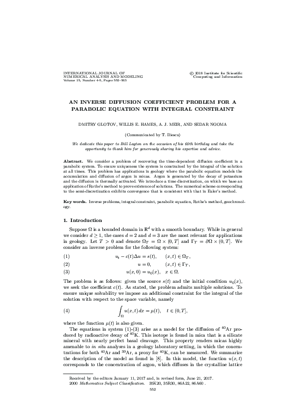 (PDF) An Inverse Diffusion Coefficient Problem for a Parabolic Equation ...