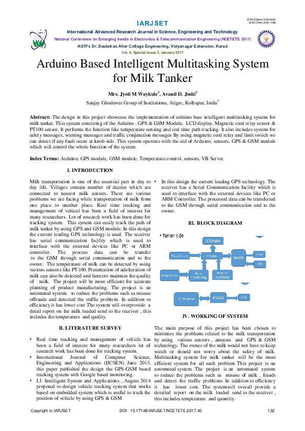 (PDF) Arduino Based Intelligent Multitasking System for Milk Tanker | Jyoti Waykule - Academia.edu