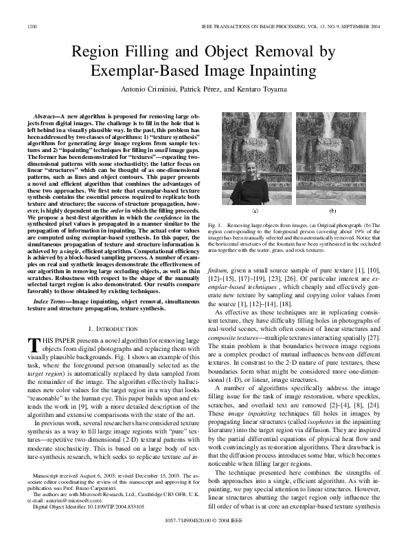 (PDF) Region Filling and Object Removal by Exemplar-Based Image Inpainting