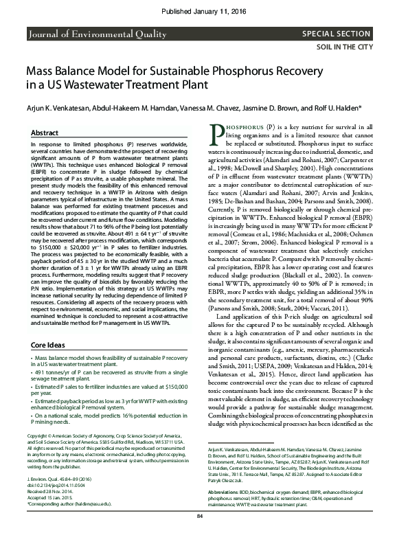 (PDF) Mass Balance Model for Sustainable Phosphorus Recovery in a US ...