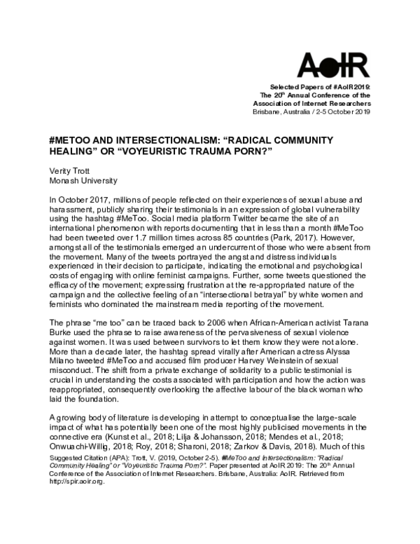 (PDF) #Metoo and Intersectionalism: "Radical Community Healing" or "Voyeuristic Trauma Porn?