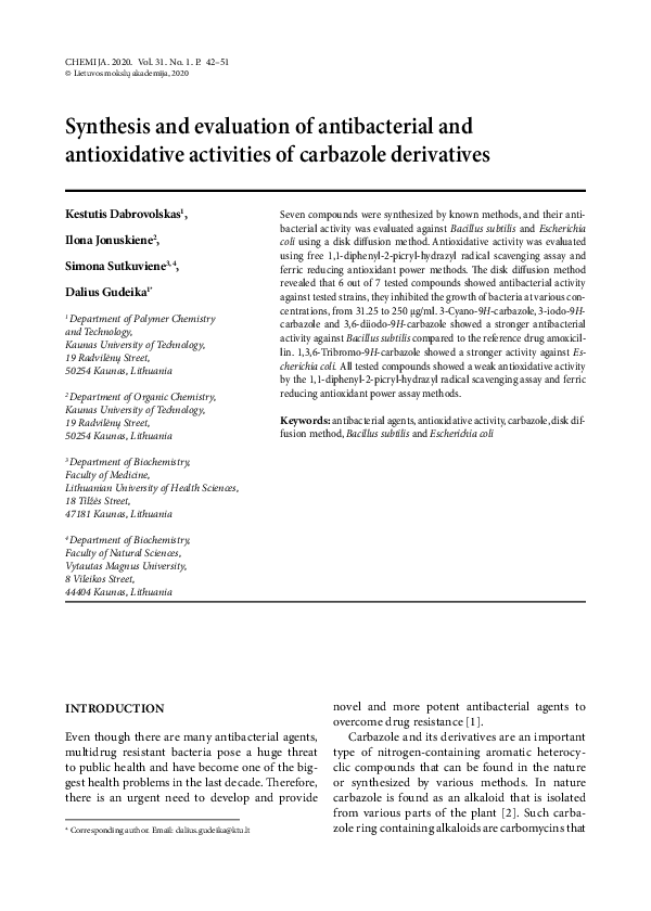 (PDF) Synthesis and evaluation of antibacterial and antioxidative activities of carbazole ...