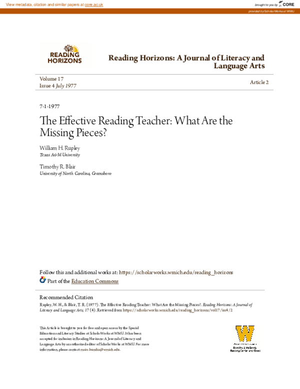 (PDF) The Effective Reading Teacher: What Are the Missing Pieces?