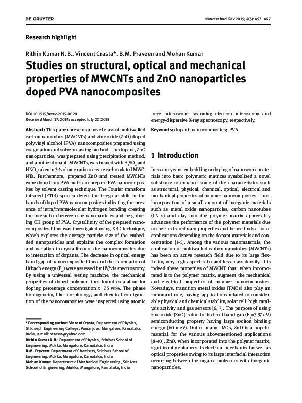 (PDF) Studies on structural, optical and mechanical properties of MWCNTs and ZnO nanoparticles ...