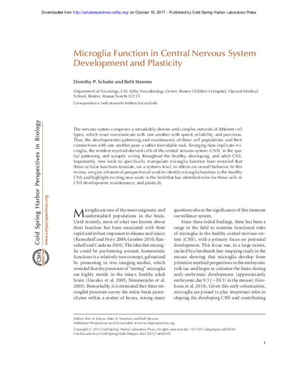 (PDF) Microglia Function in Central Nervous System Development and Plasticity | Oleg Butovsky ...
