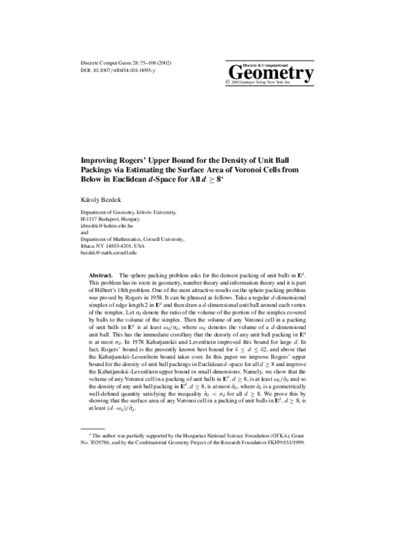 (PDF) Improving Rogers’ Upper Bound for the Density of Unit Ball Packings via Estimating the ...