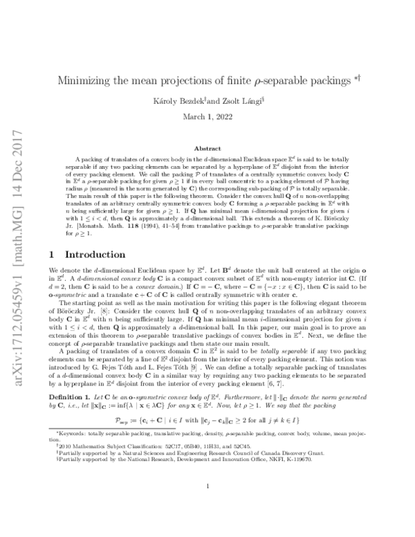 (PDF) Minimizing the mean projections of finite ρ-separable packings ∗ ...