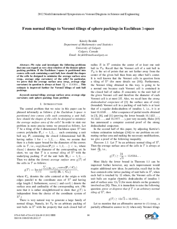 (PDF) From Normal Tilings to Voronoi Tilings of Sphere Packings in Euclidean 3-space | Károly ...