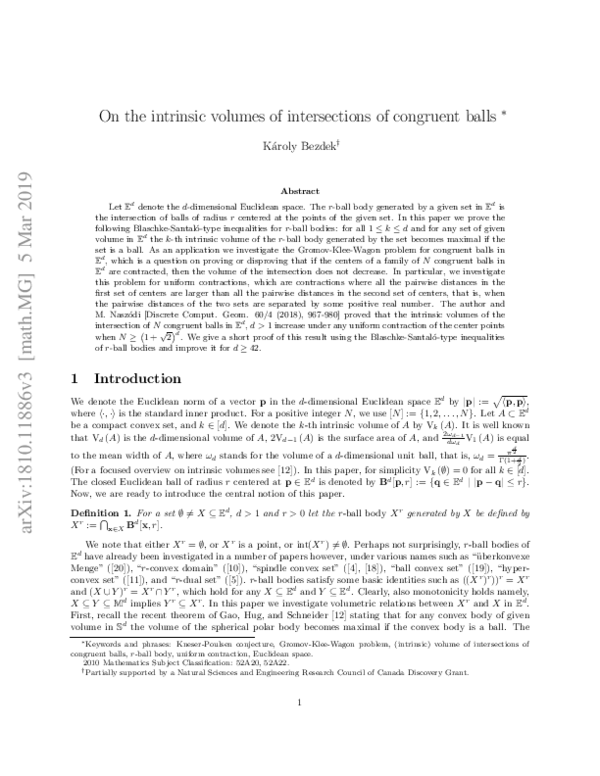 (PDF) On the intrinsic volumes of intersections of congruent balls