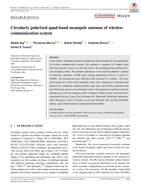 (PDF) Circularly polarized quad‐band monopole antenna of wireless communication system
