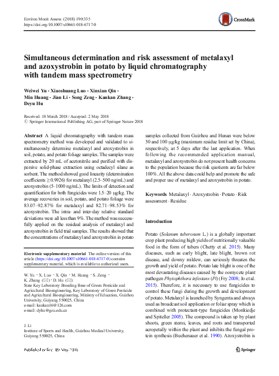 (PDF) Simultaneous determination and risk assessment of metalaxyl and ...