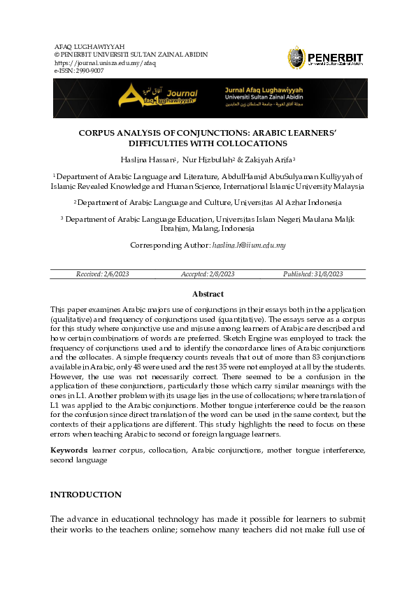 Pdf Corpus Analysis Of Conjunctions Arabic Learners Difficulties With Collocations