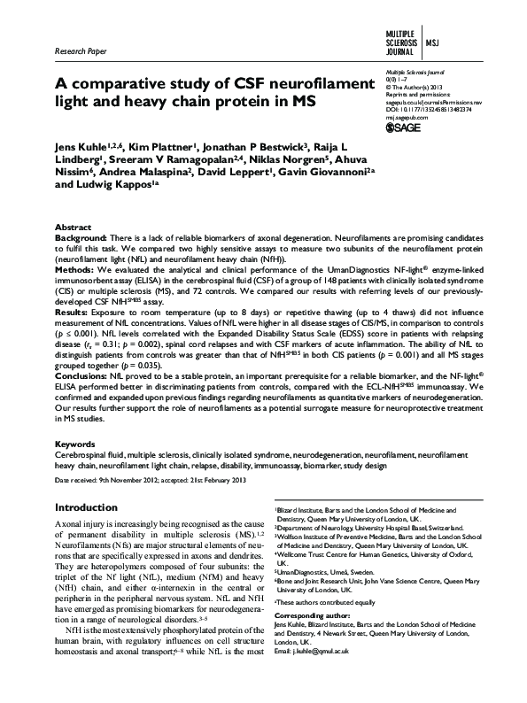 (PDF) A comparative study of CSF neurofilament light and heavy chain ...