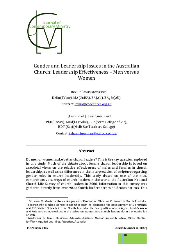 (PDF) Gender and Leadership Issues in the Australian Church: leadership ...