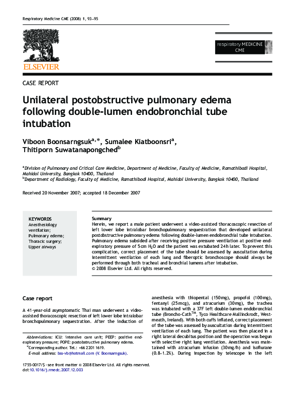 (PDF) Unilateral postobstructive pulmonary edema following double-lumen ...